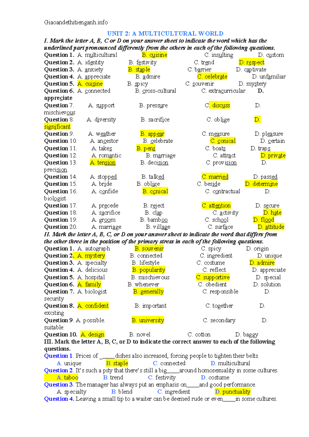 UNIT 2: A MULTICULTURAL WORLD - Test 1 Answer Key - Studocu