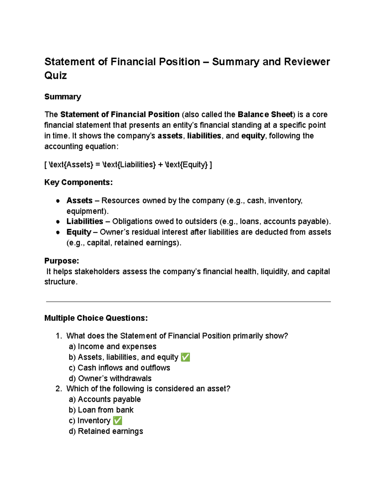IA3 - Chapter 1: Statement of Financial Position Quiz Summary - Studocu