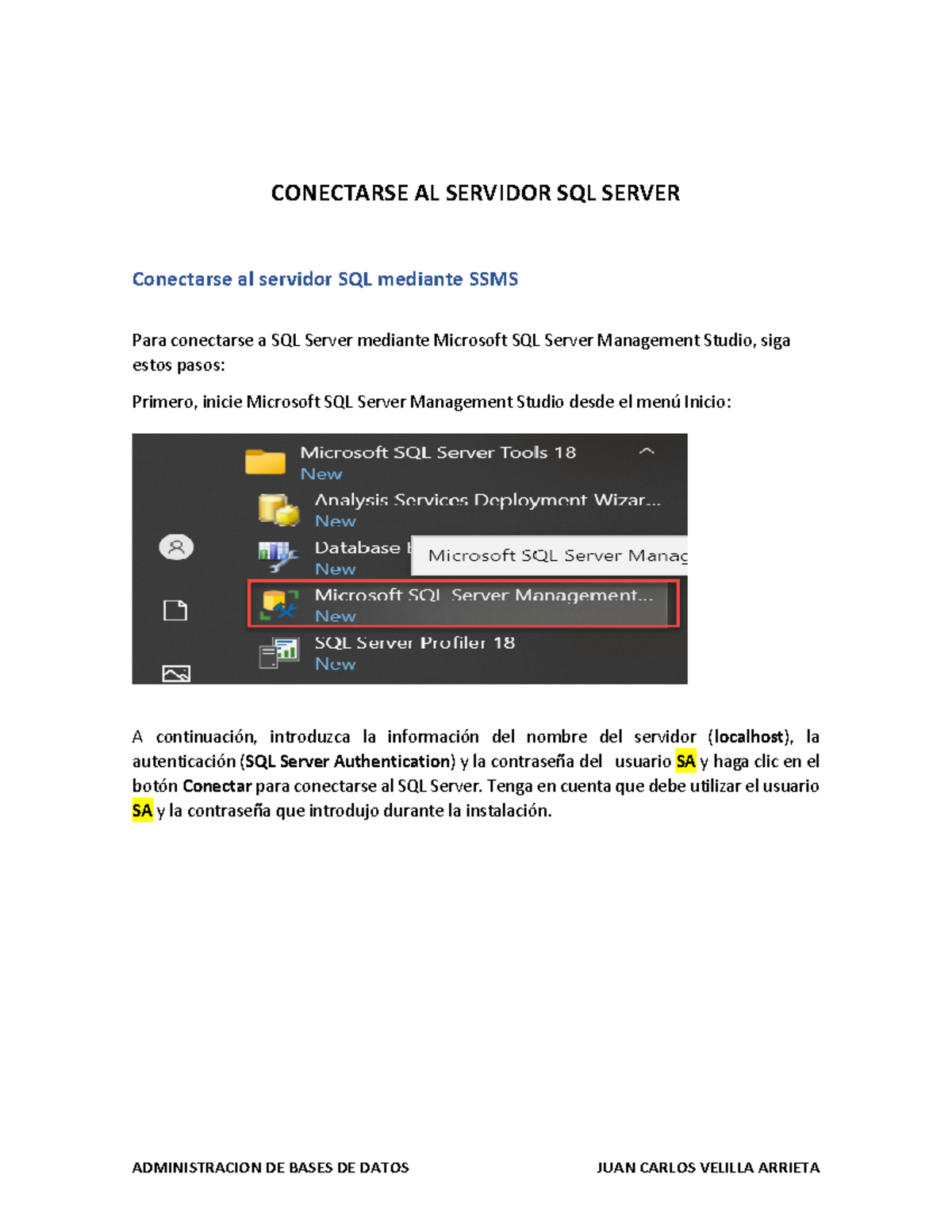 3.2- Conectarse al servidor Sql Server - ADMINISTRACION DE BASES DE DATOS JUAN CARLOS VELILLA ...
