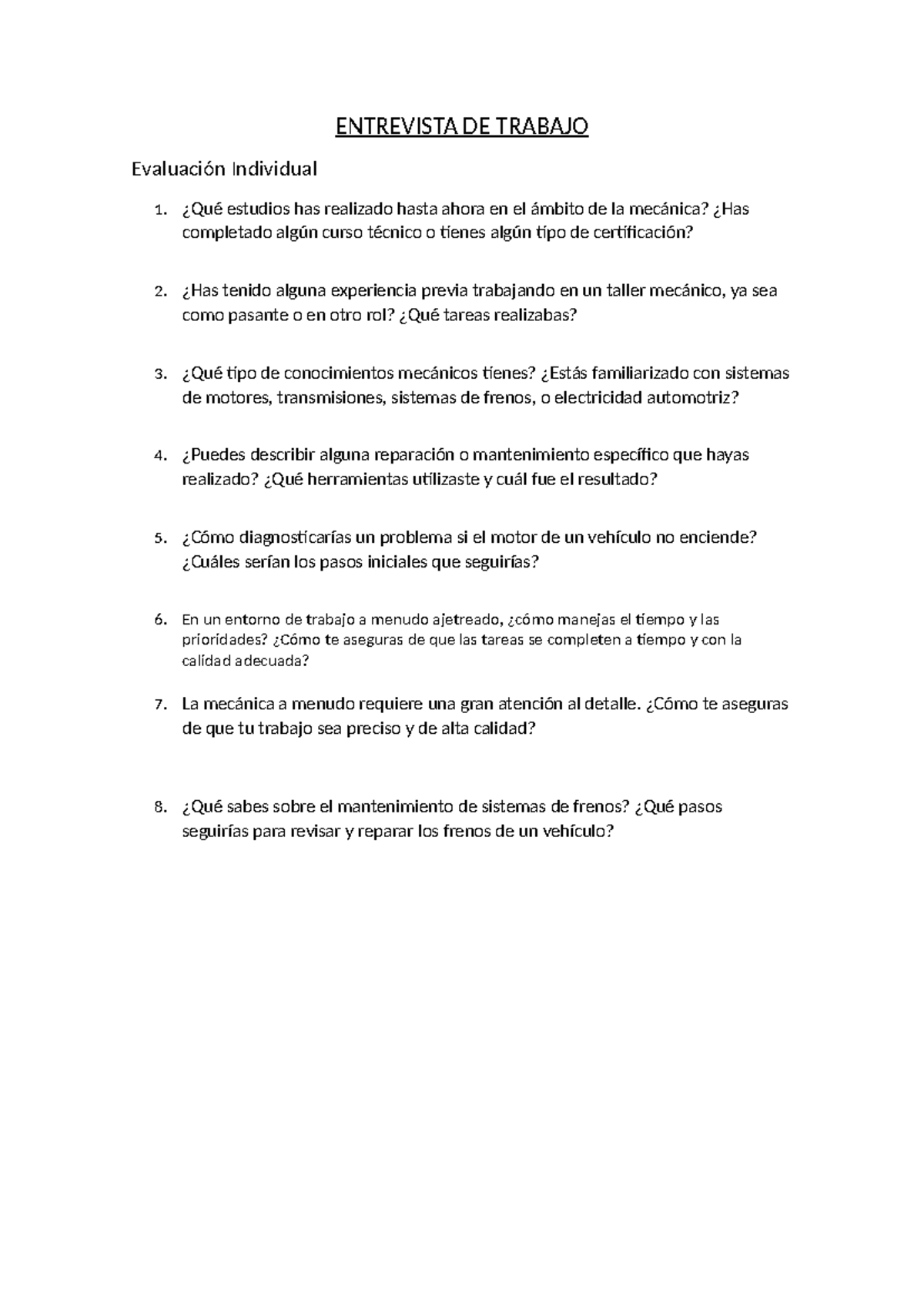 Entrevista de Trabajo para Practicante en Mecánica - Guía de Preguntas ...