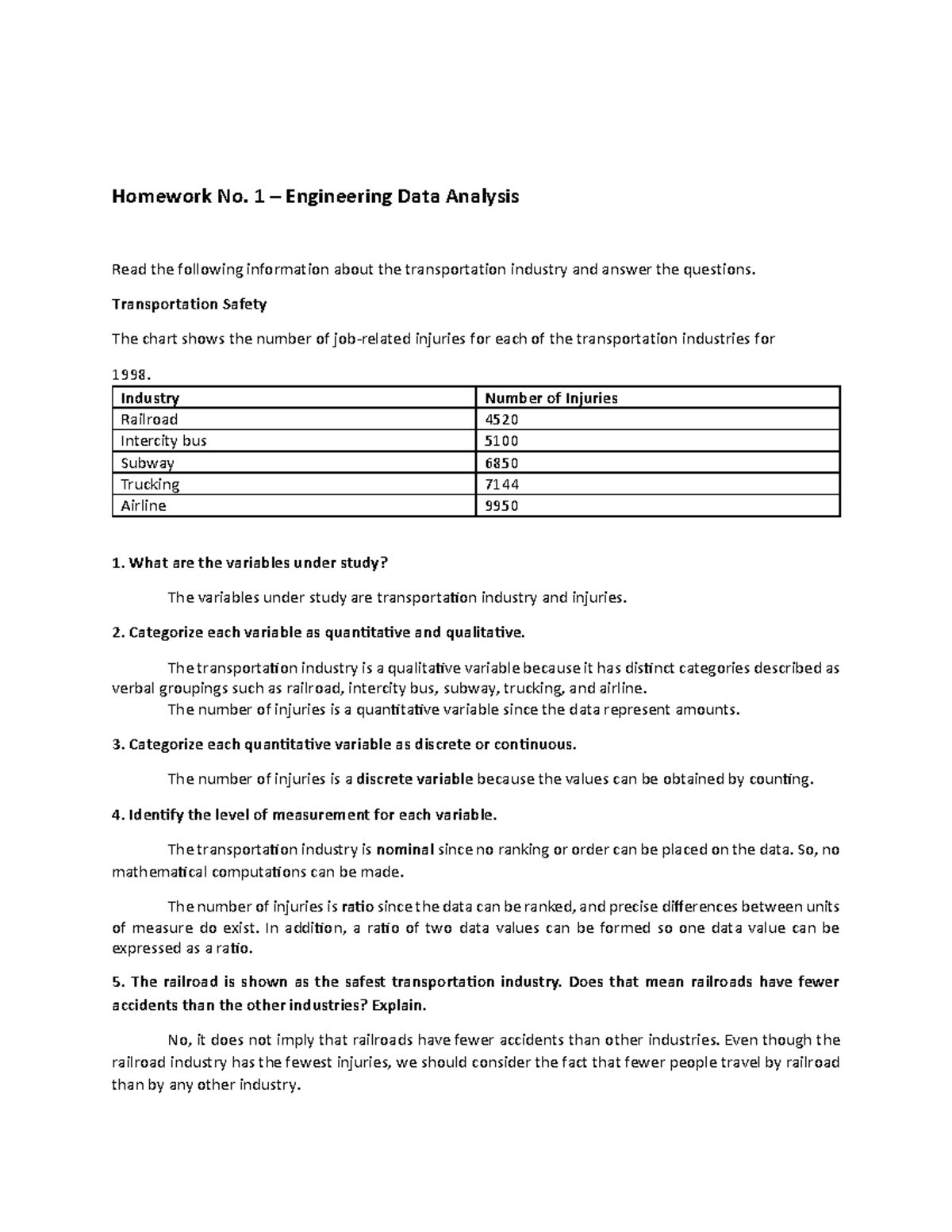 Engineering data analysis homework Transportation Safety - Homework No ...
