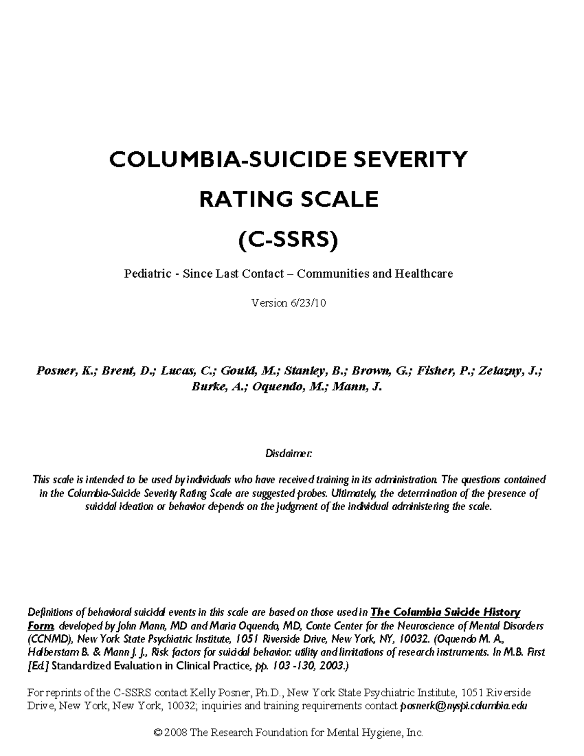 C-SSRS Pediatric Severity Rating Scale: Assessment Since Last Contact ...