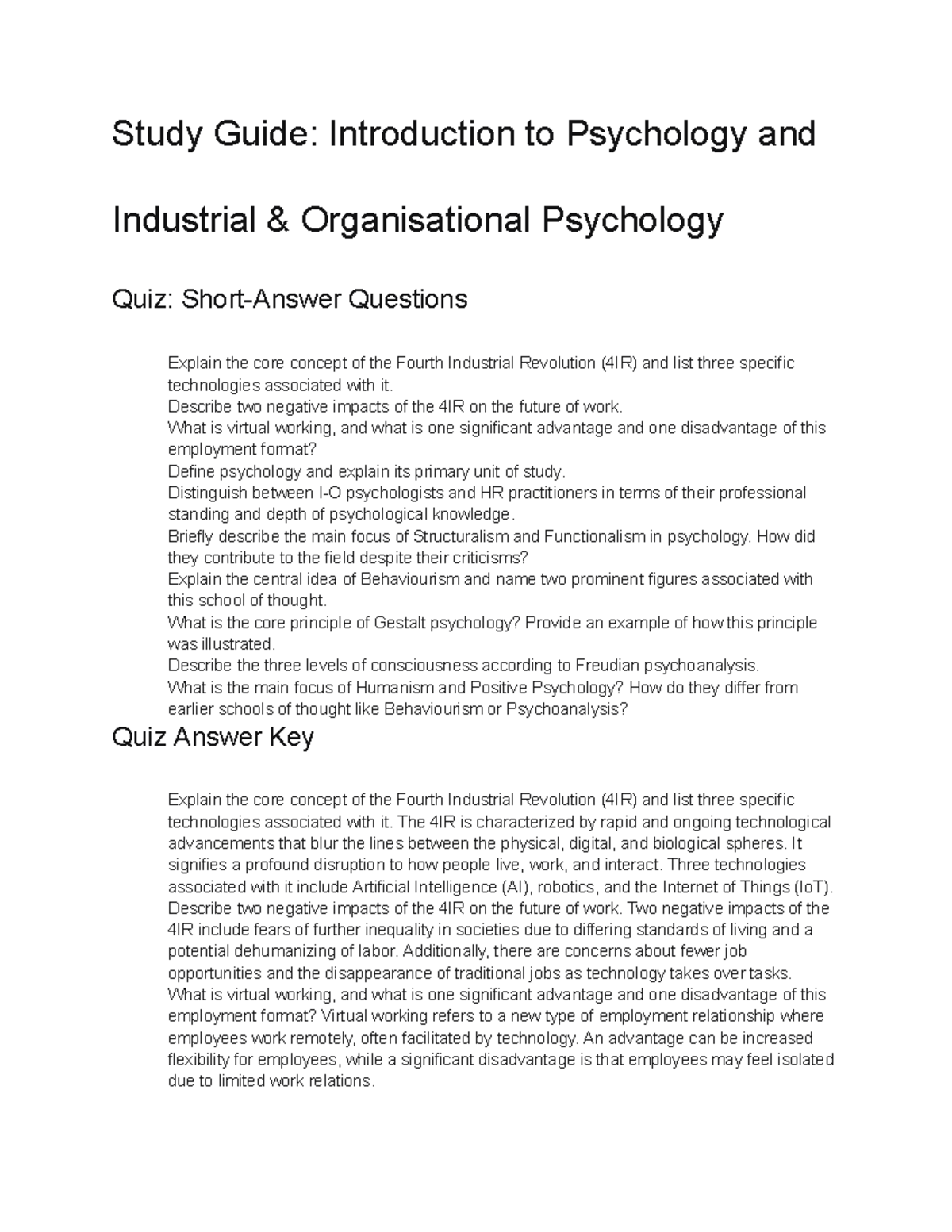 Study Guide: PSY101 - Introduction to Psychology & I/O Psychology Quiz - Studocu