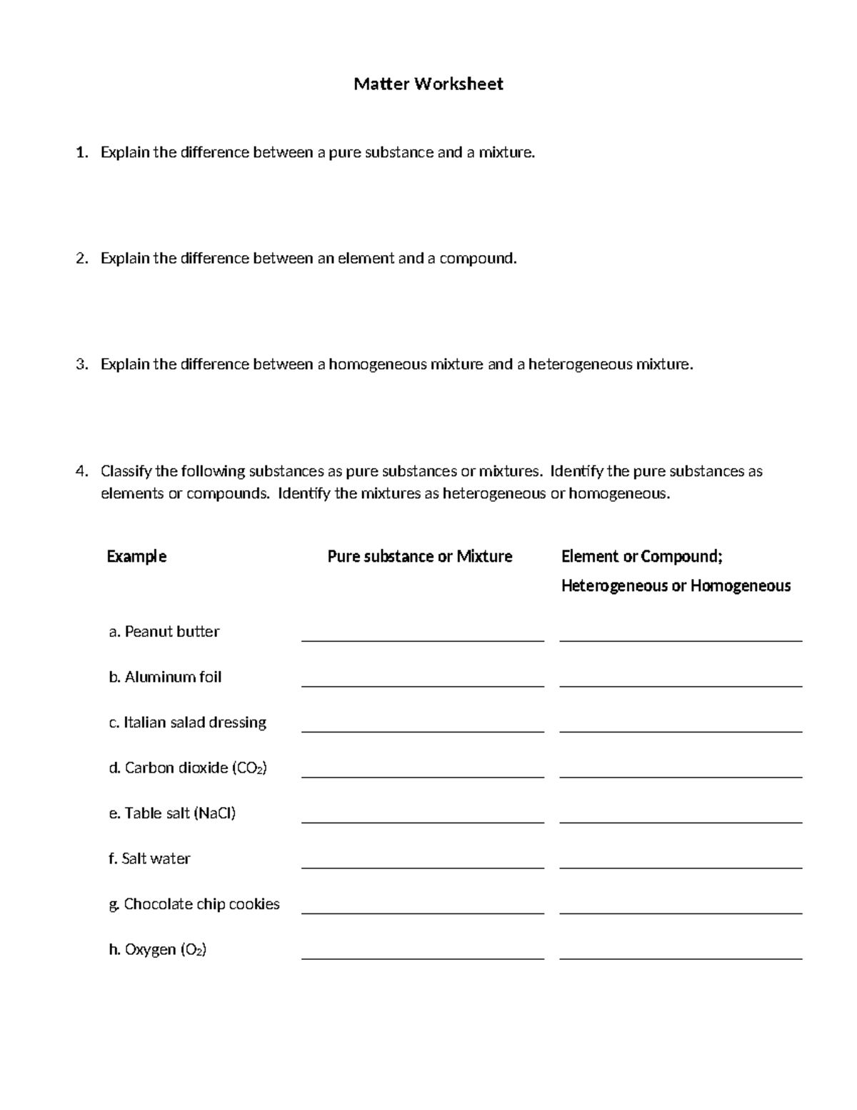 Worksheet on Mixtures & Pure Substances Definitions and Classifications ...