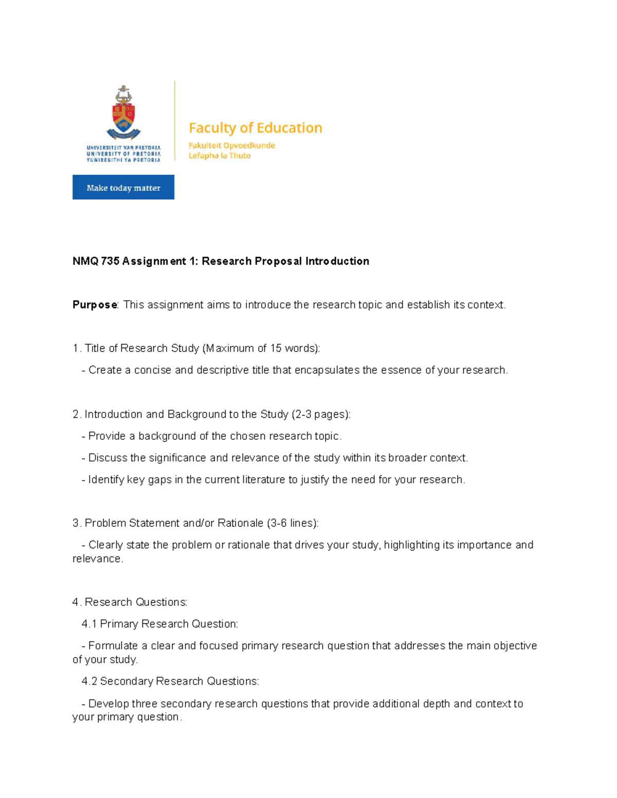 NMQ 735 Assignment 1: Research Proposal Guidelines and Structure - Studocu