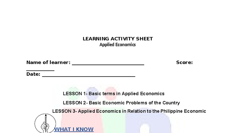 Applied Economics Learning Activity Sheet 1EA: Key Concepts & Exercises ...