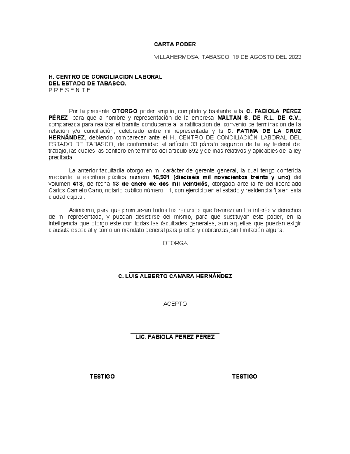 Carta Poder para el H. Centro de Conciliación Laboral - Formato - Studocu