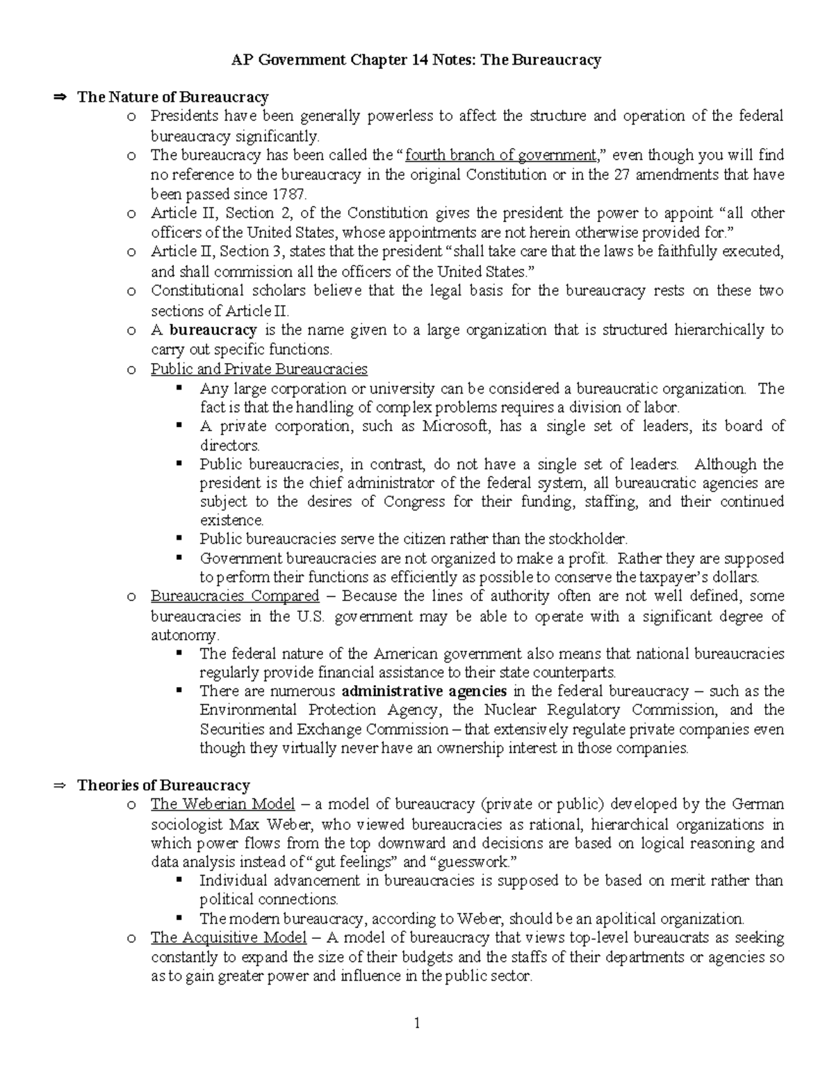 Bureaucracy notes - AP Government Chapter 14 Notes: The Bureaucracy The ...
