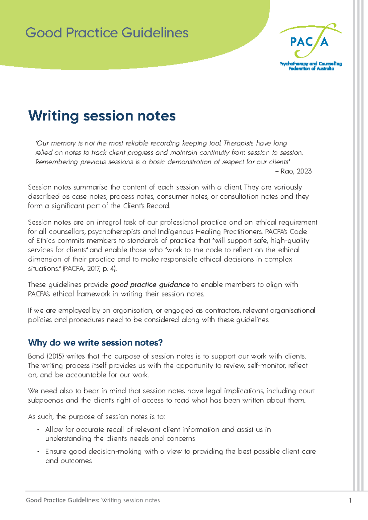 Good Practice Guidelines: Writing Session Notes (PACFA, 2023) - Studocu