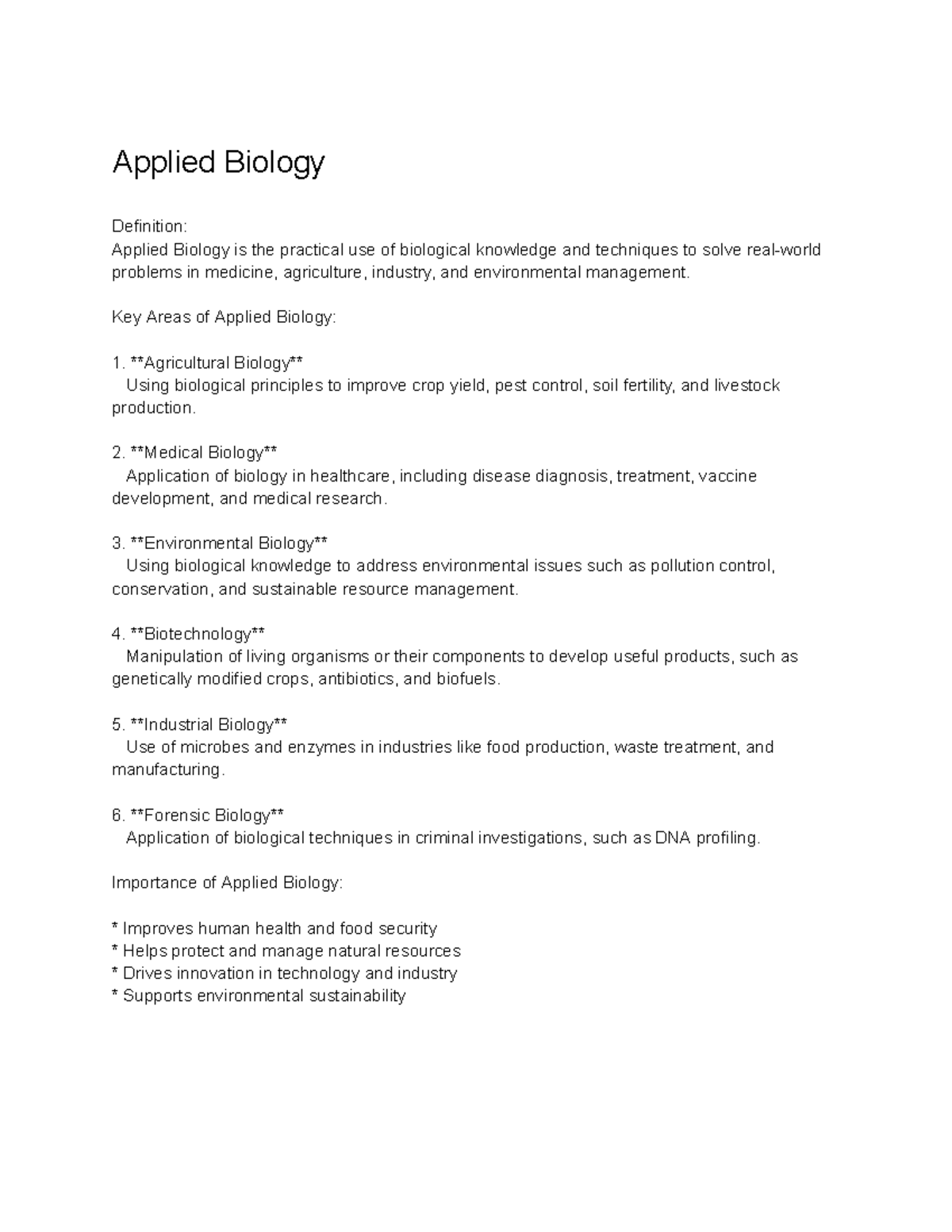 Applied Biology Overview: Key Concepts and Applications - Studocu