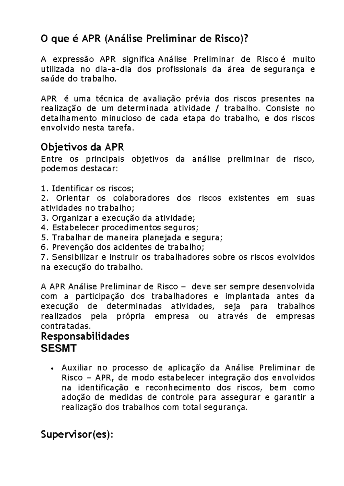 APR Modelo Completo - Análise Preliminar de Risco em Segurança - Studocu