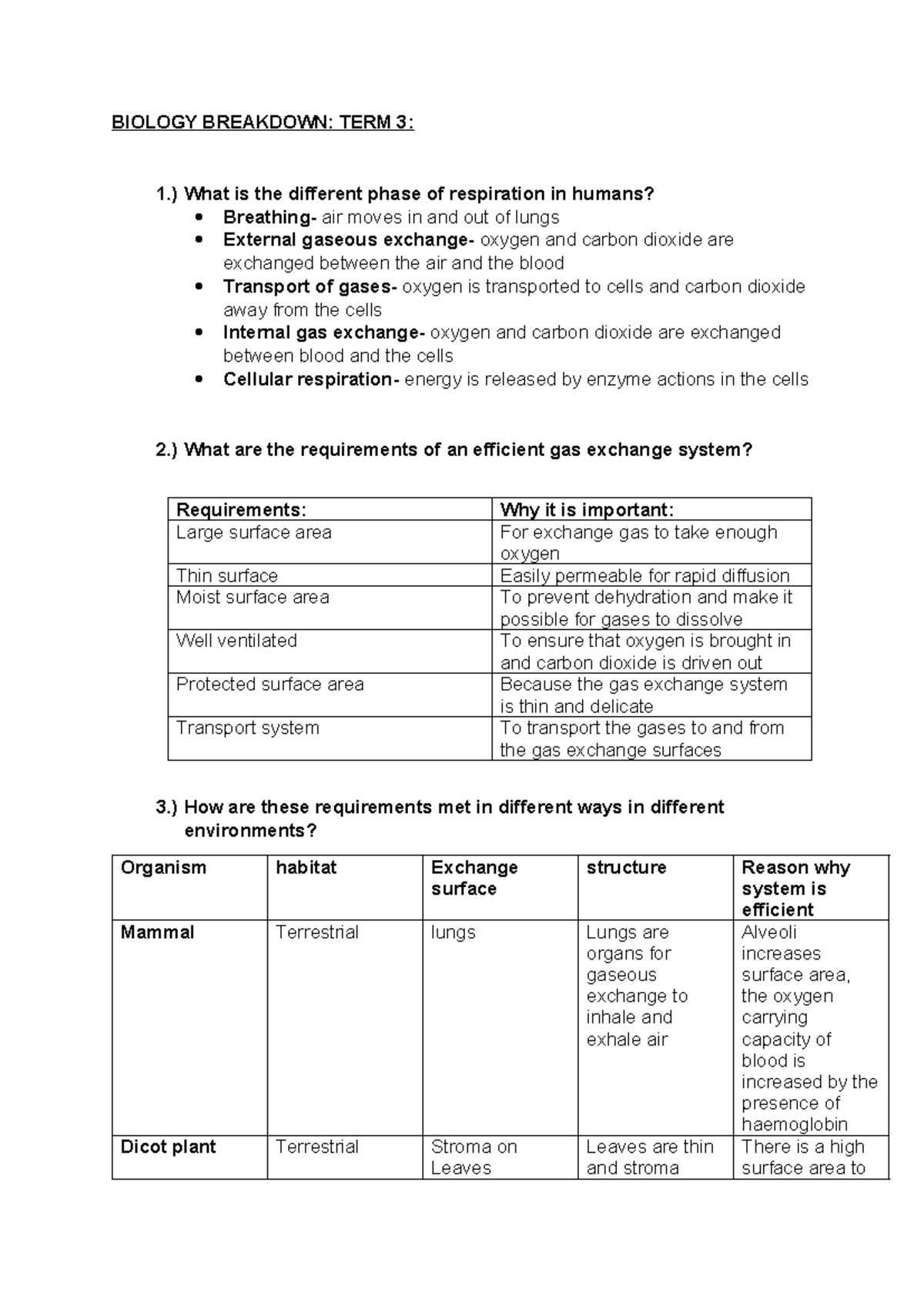 Biology Breakdown t3 - BIOLOGY BREAKDOWN: TERM 3: 1.) What is the ...