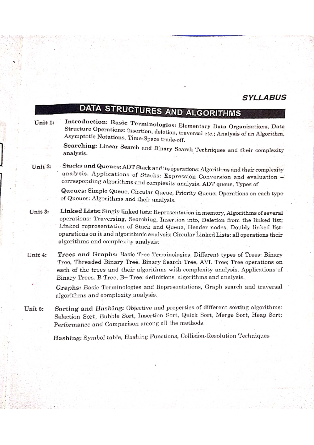 DSA gold - this is a gold publication book - SYLLABUS DATA STRUCTURES AND ALGORITHMS Unit 1 ...