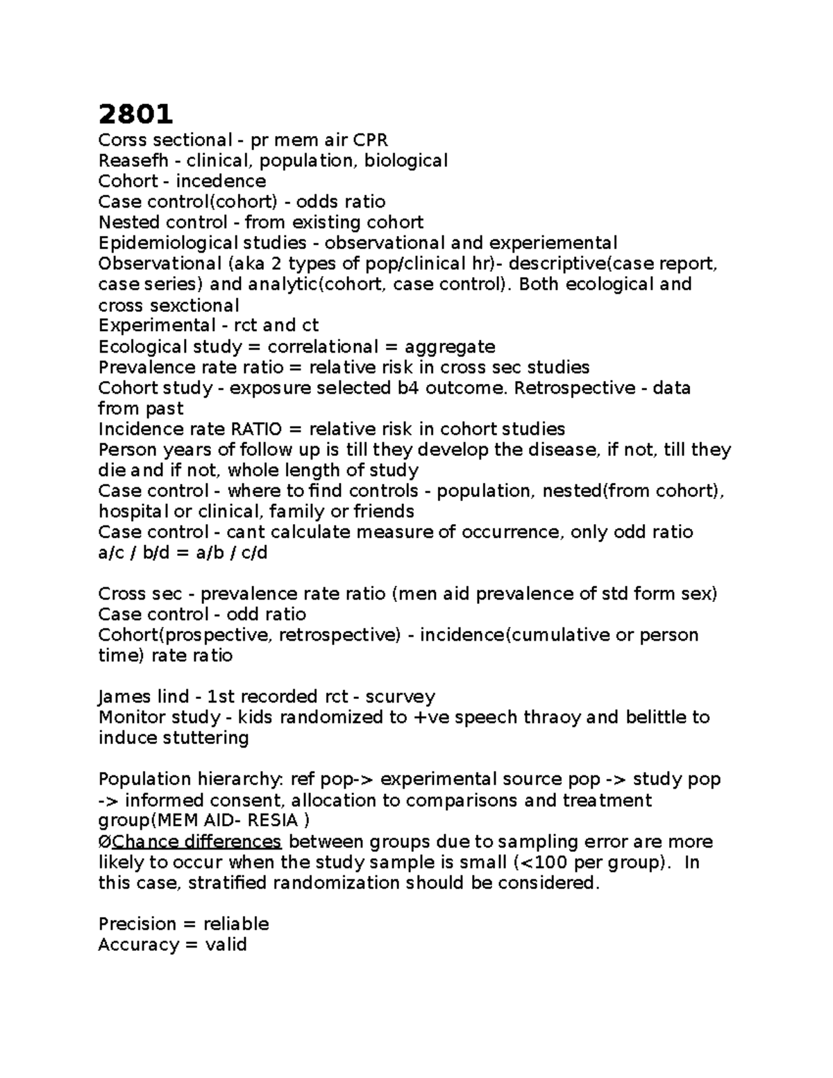 2801 Midterm Summary: Key Concepts in Epidemiology and Study Design ...