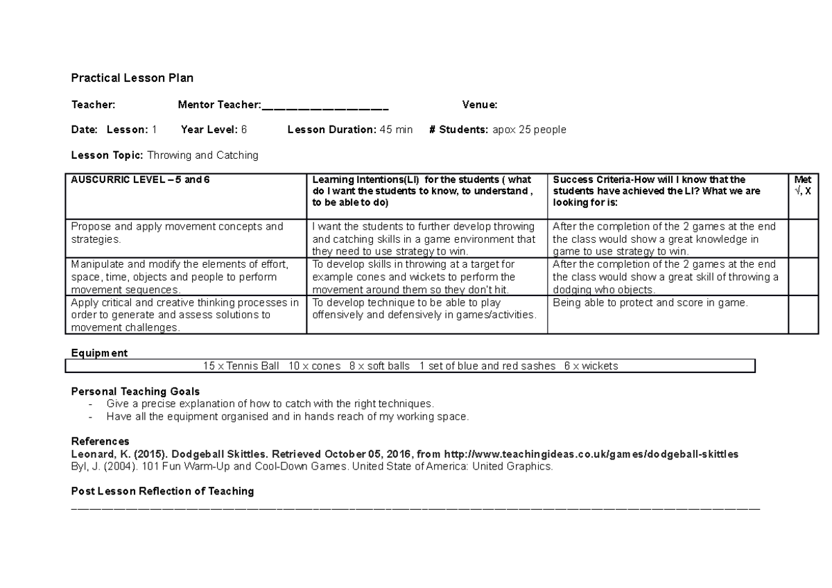Practical Lesson Plan (Grade 6 Throwing + Catching)an - Practical ...