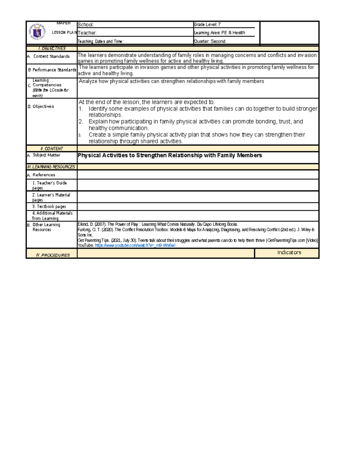 Health 7 Q2: Lesson Plan on Family Physical Activities and Wellness ...