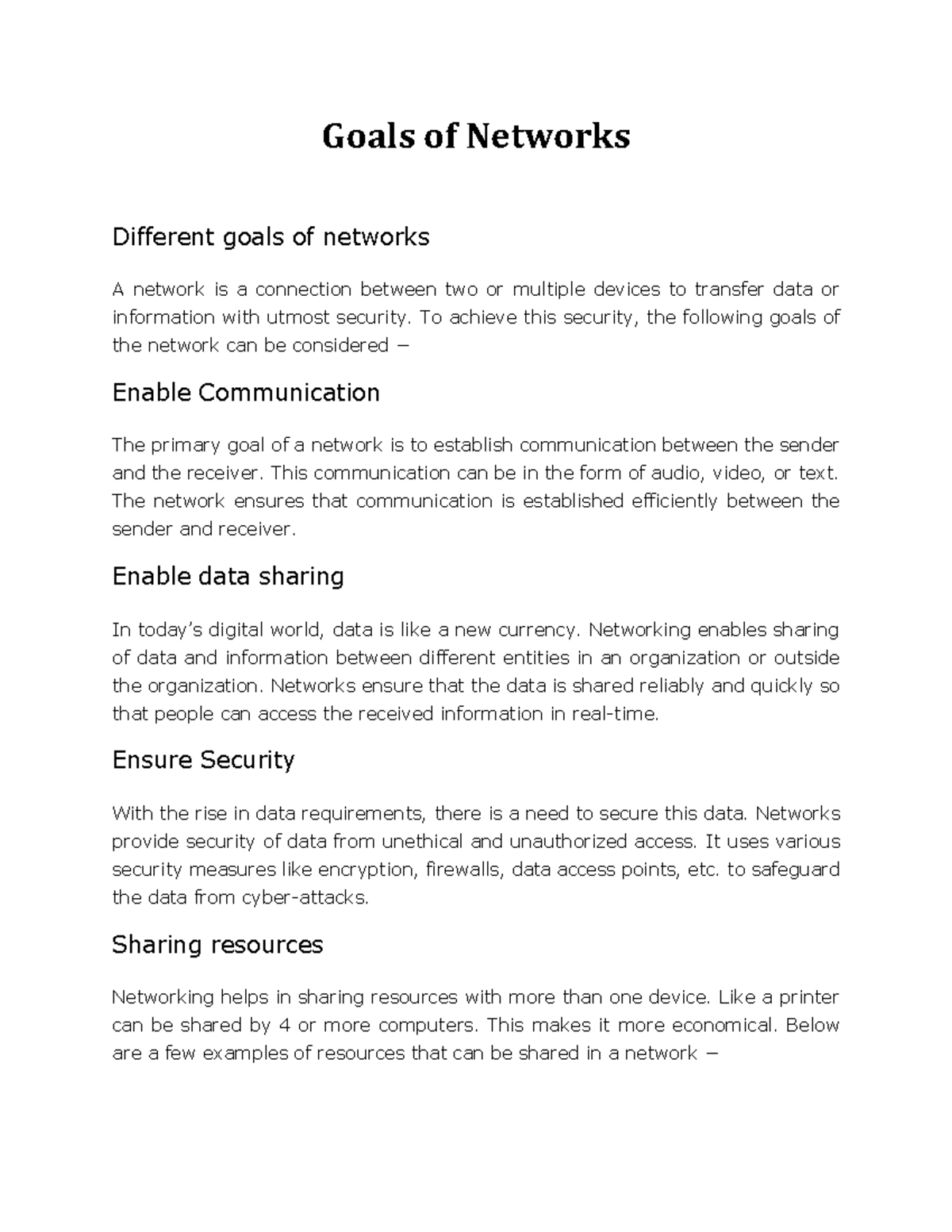 Goals of Networks: Key Objectives and Types - Unit1 Part2 - Studocu