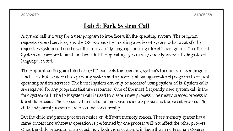 20CP207P 21BCP359 Lab 5: Understanding Fork System Call - Studocu