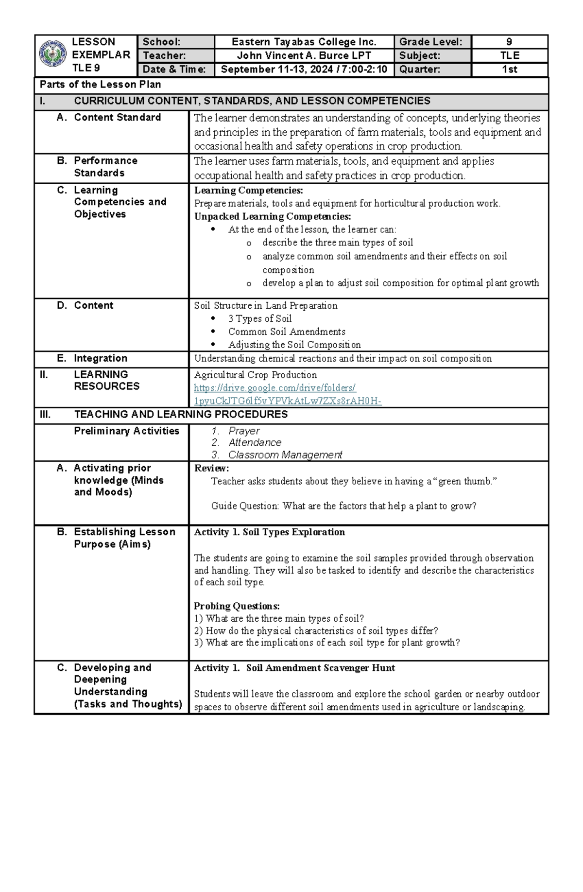 Lesson plan exemplar for TLE 9: Understanding soil types and amendments ...