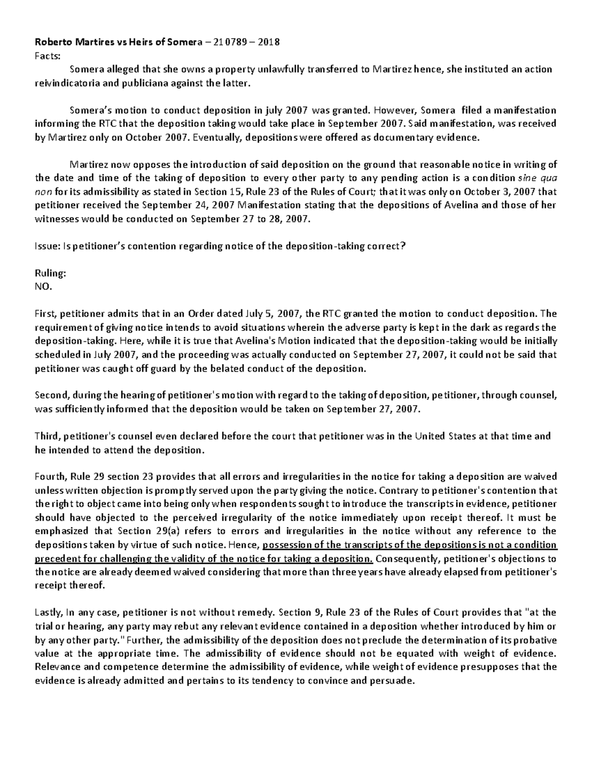 Roberto Martires vs Heirs of Somera – Case Analysis – 210789 – 2018 ...
