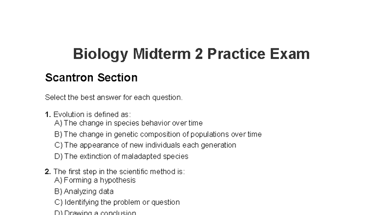 Biology Midterm 2 Practice Exam Questions and Answers - Studocu
