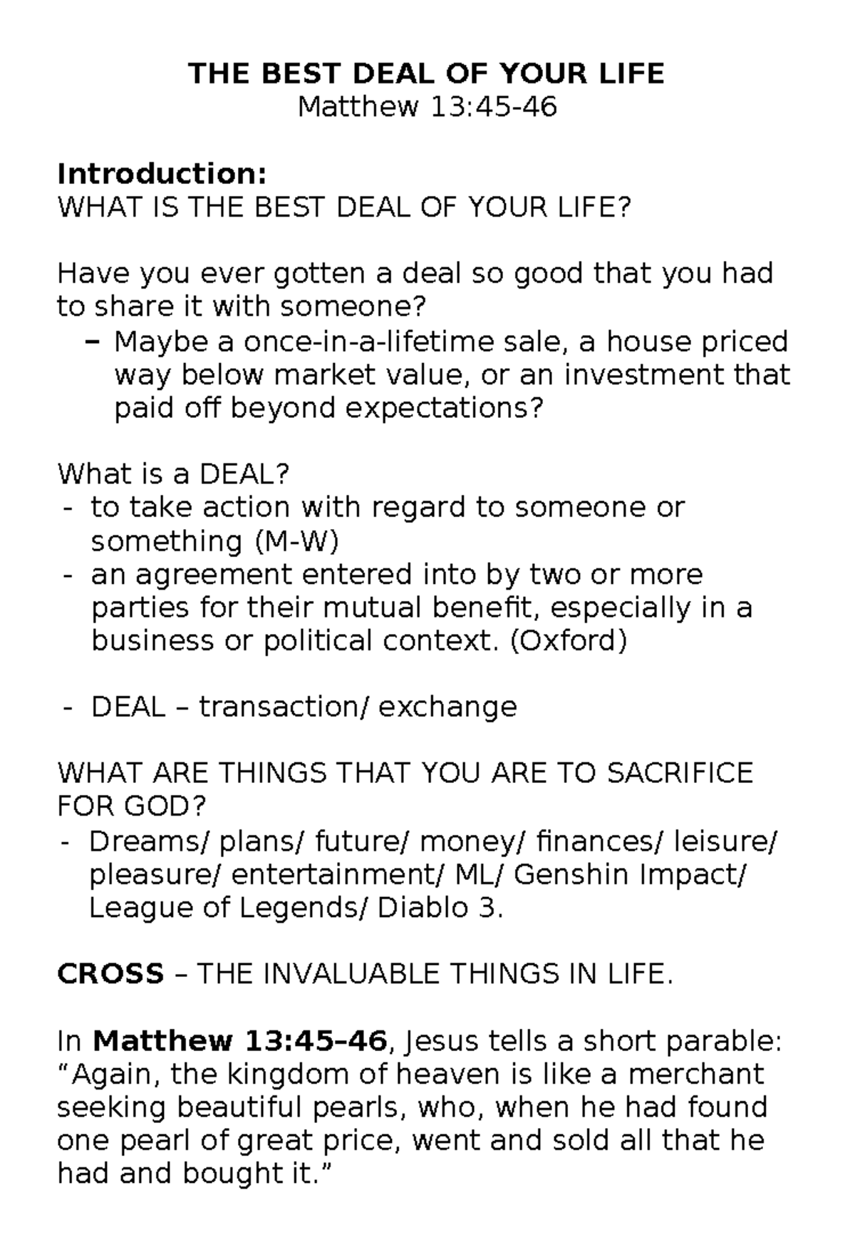 THE BEST DEAL OF YOUR LIFE - Matthew Message Analysis - Studocu