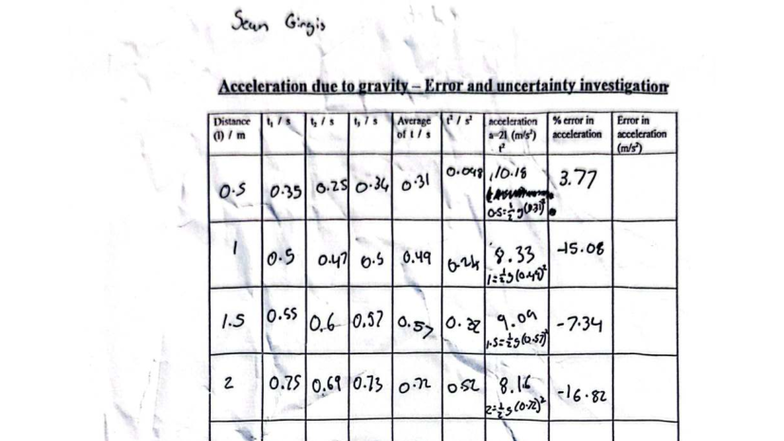 Physics 101: Acceleration Due to Gravity - Error & Uncertainty Analysis - Studocu