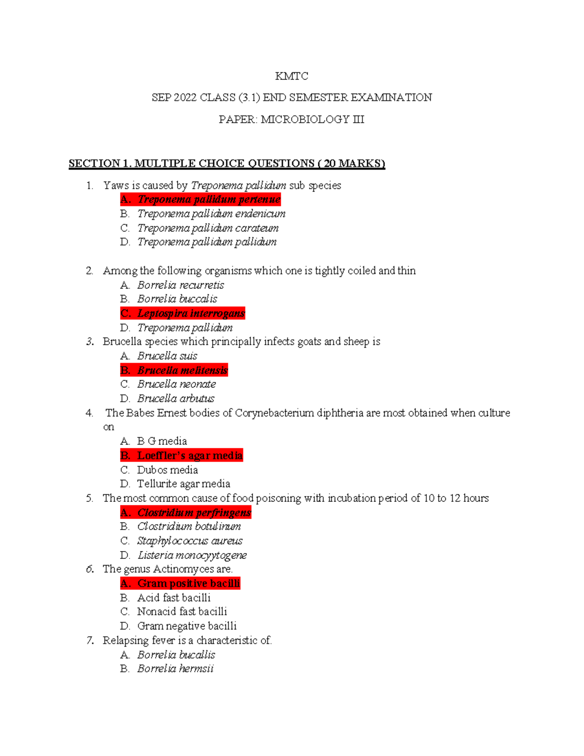 KMTC SEP 2022 CLASS (3.1) MICROBIOLOGY END SEMESTER EXAM PAPER - Studocu