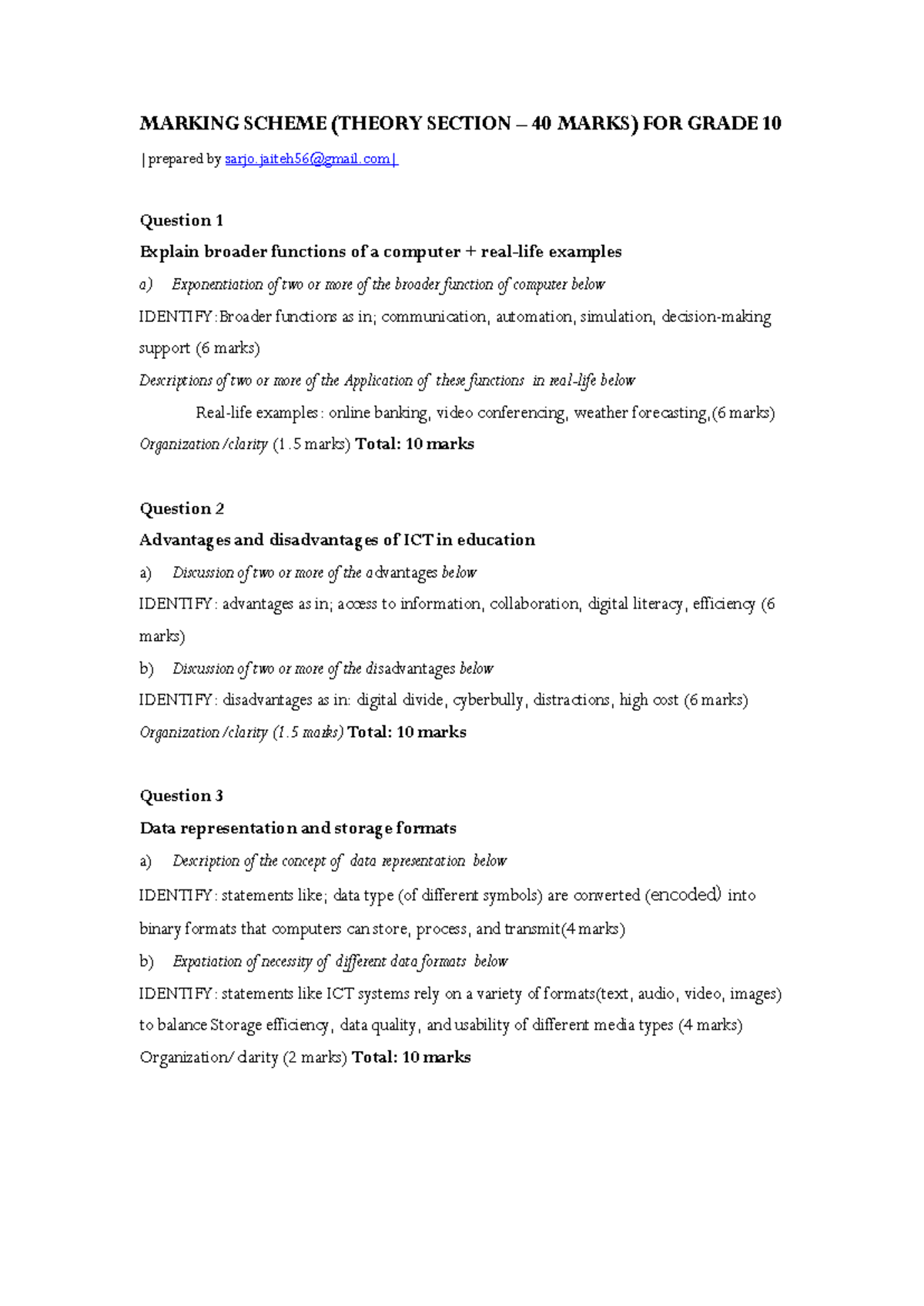 Marking Scheme for Grade 10 ICT Theory (40 Marks) - Studocu