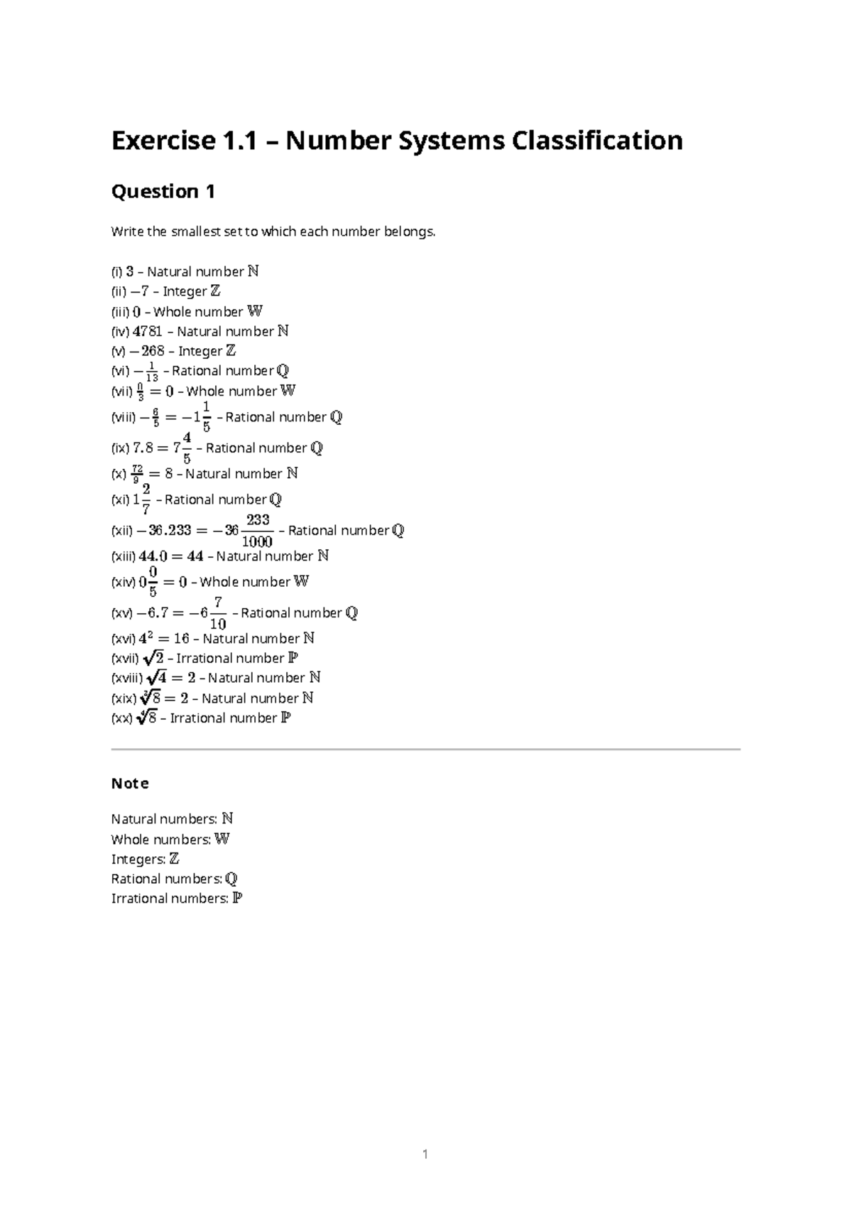 Number Systems Classification Exercise 1.1 Answers - Studocu