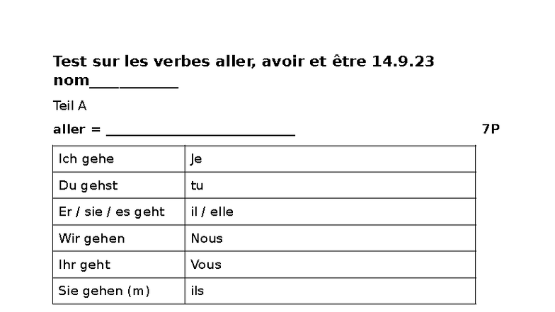 Test UMT FR 07: Verbes Aller, Avoir et Être - 14.9.23 - Studocu