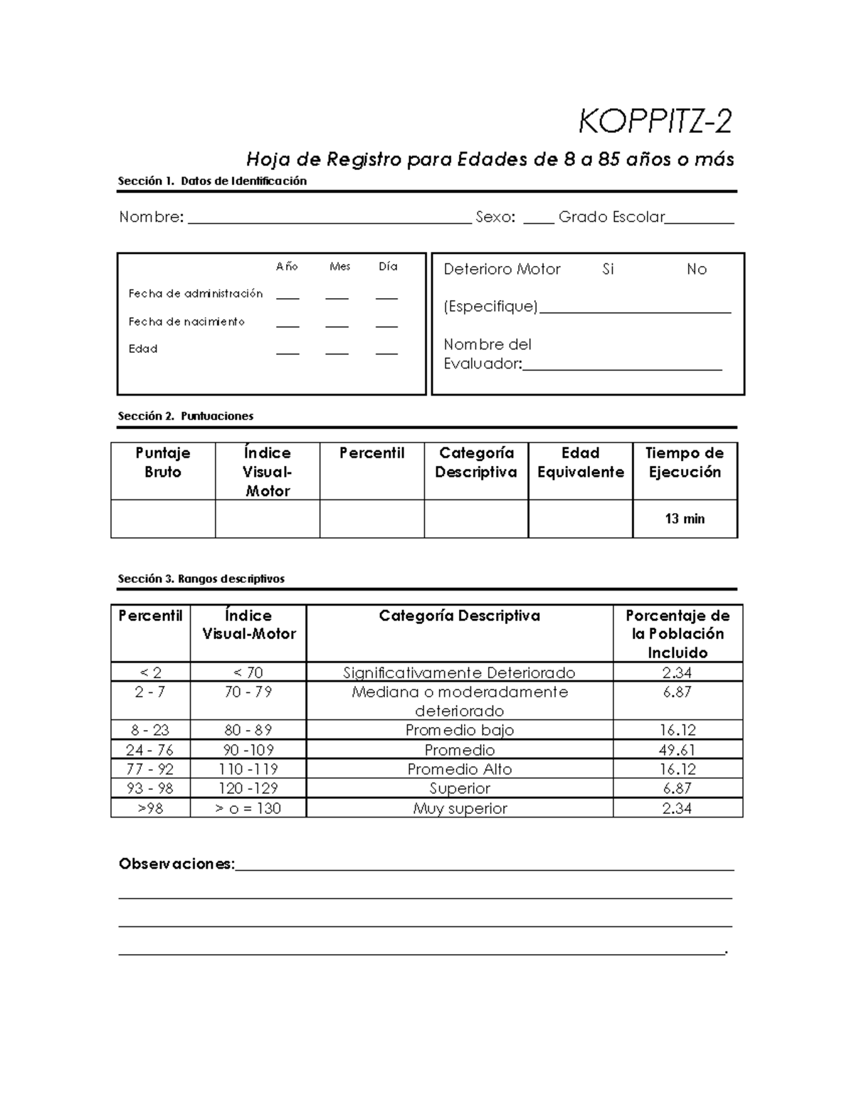 Hoja de Registro Koppitz para Edades de 8 a 85 años - Evaluación ...