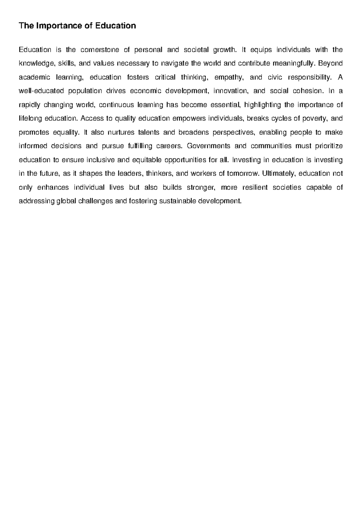 Essay 1: The Crucial Role of Education in Personal and Societal Growth ...