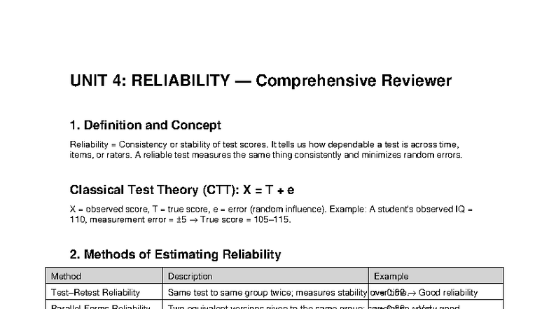 UNIT 4: RELIABILITY Comprehensive Review Notes - Studocu
