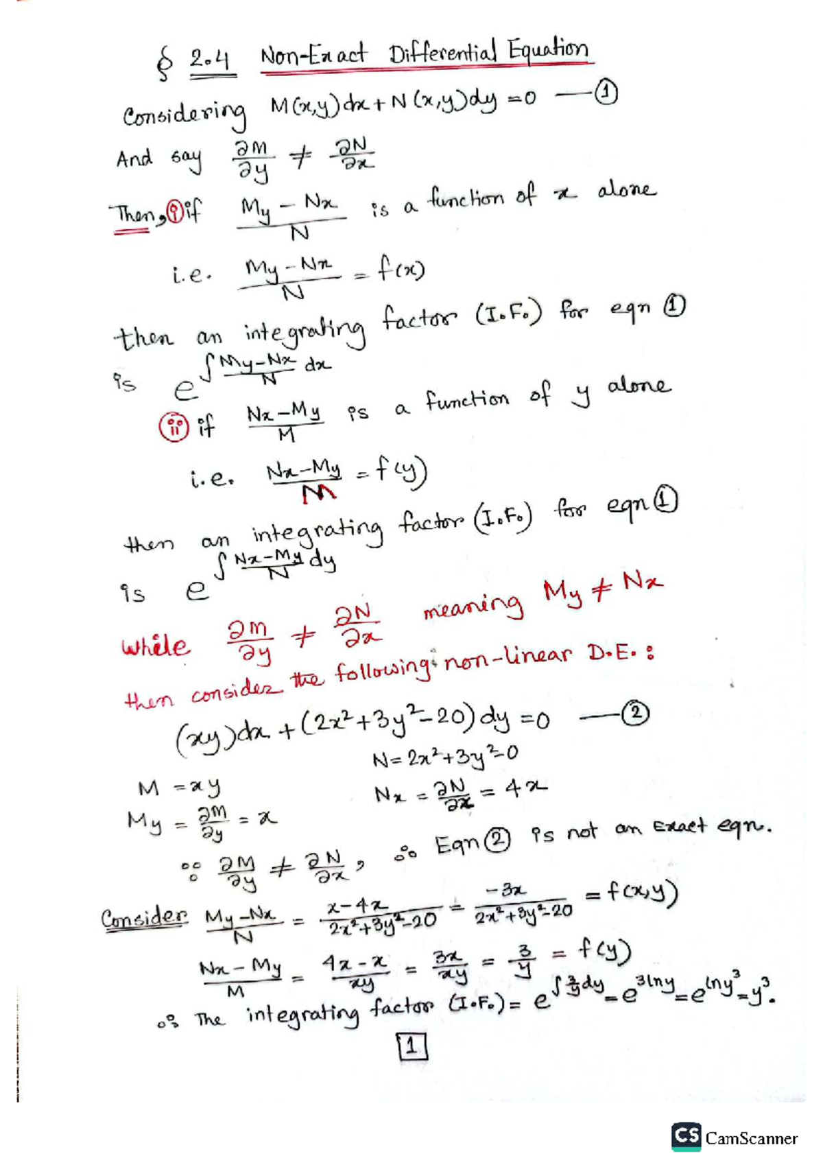 2.4 Differential Equations: Non-Exact Equations Lecture Notes - Studocu