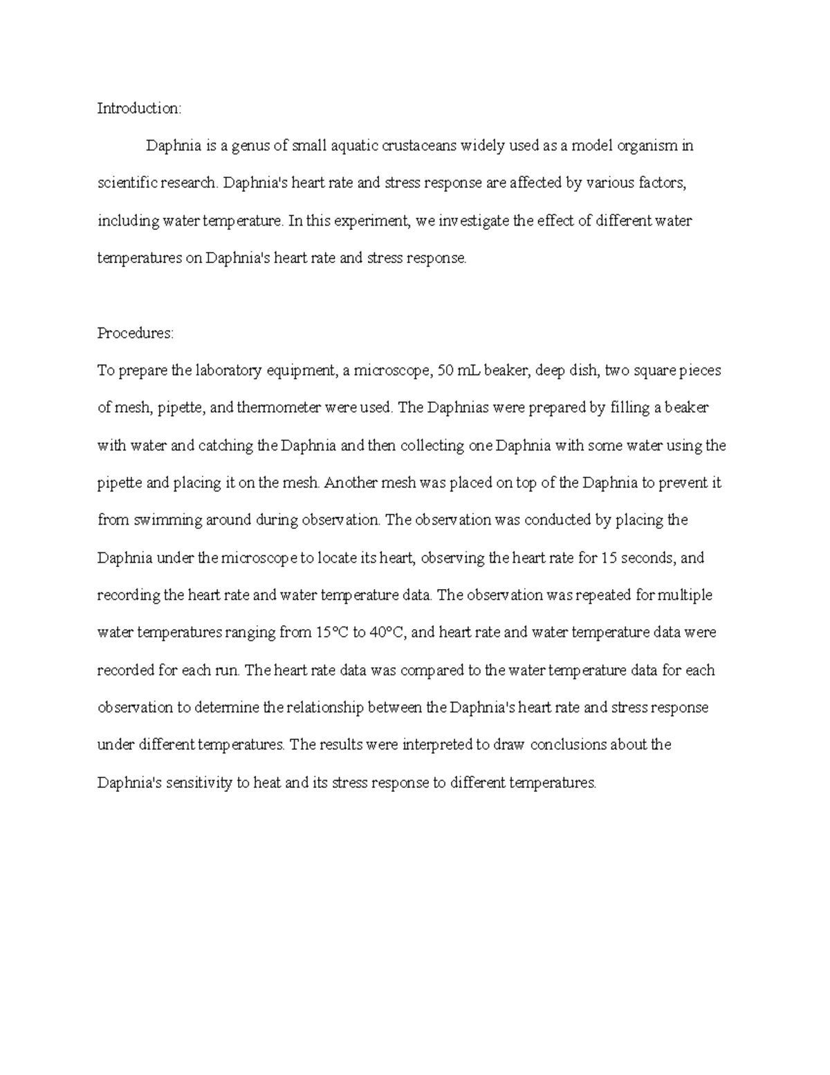 Lab Report: Effects of Water Temperature on Daphnia Heart Rate - Studocu