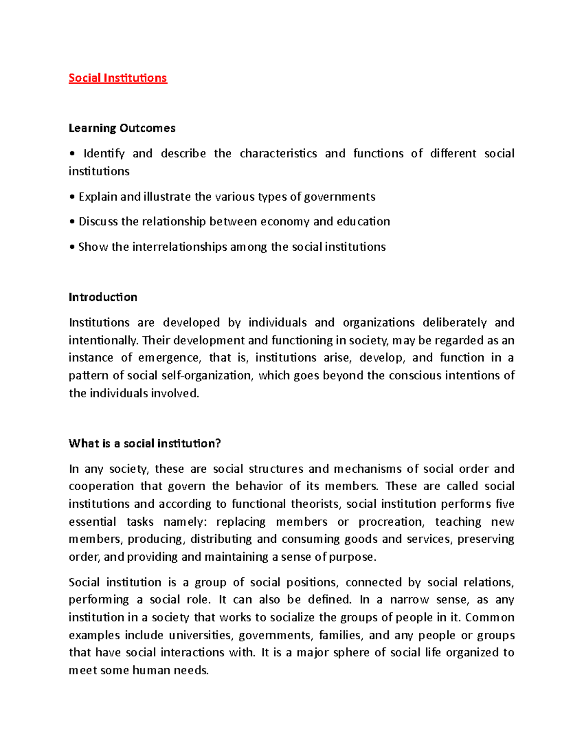 Social Institutions: Characteristics, Functions, and Interconnections ...
