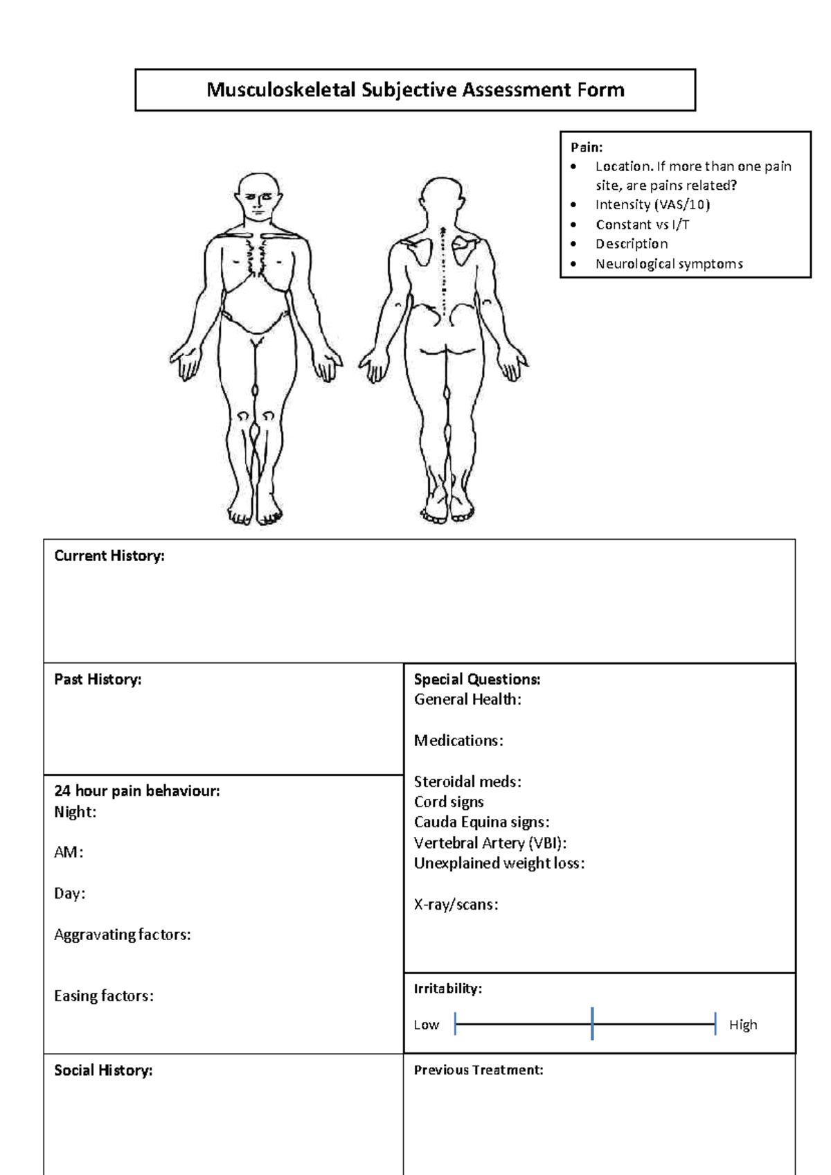 Outpatient subjective assessment form Blank - Musculoskeletal Subjective Assessment Form Pain ...