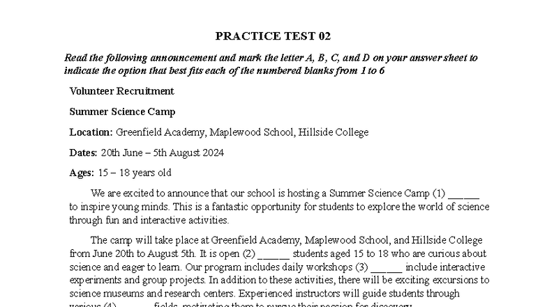 Practice Test 02: Summer Science Camp & IELTS Prep Insights - Studocu