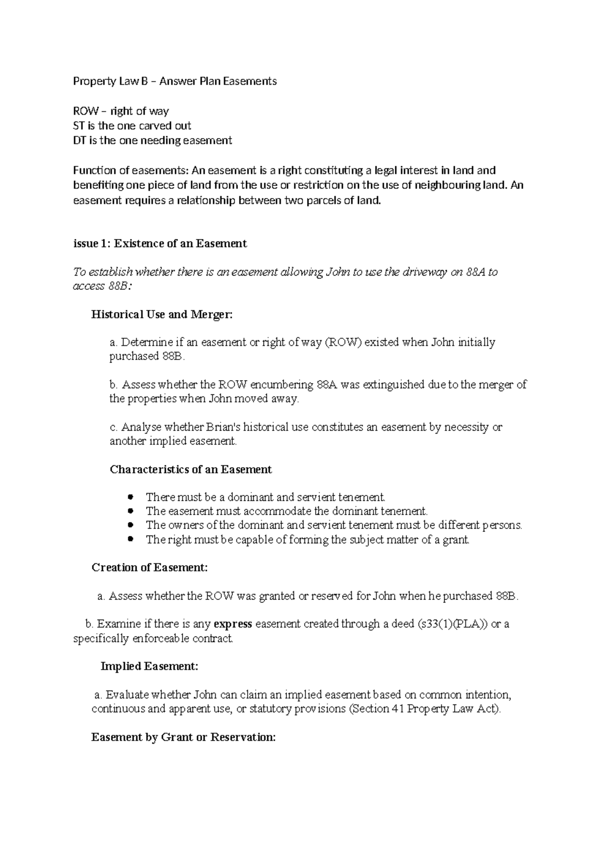 Property Law B: Answer Plan on Easements and Right of Way - Studocu
