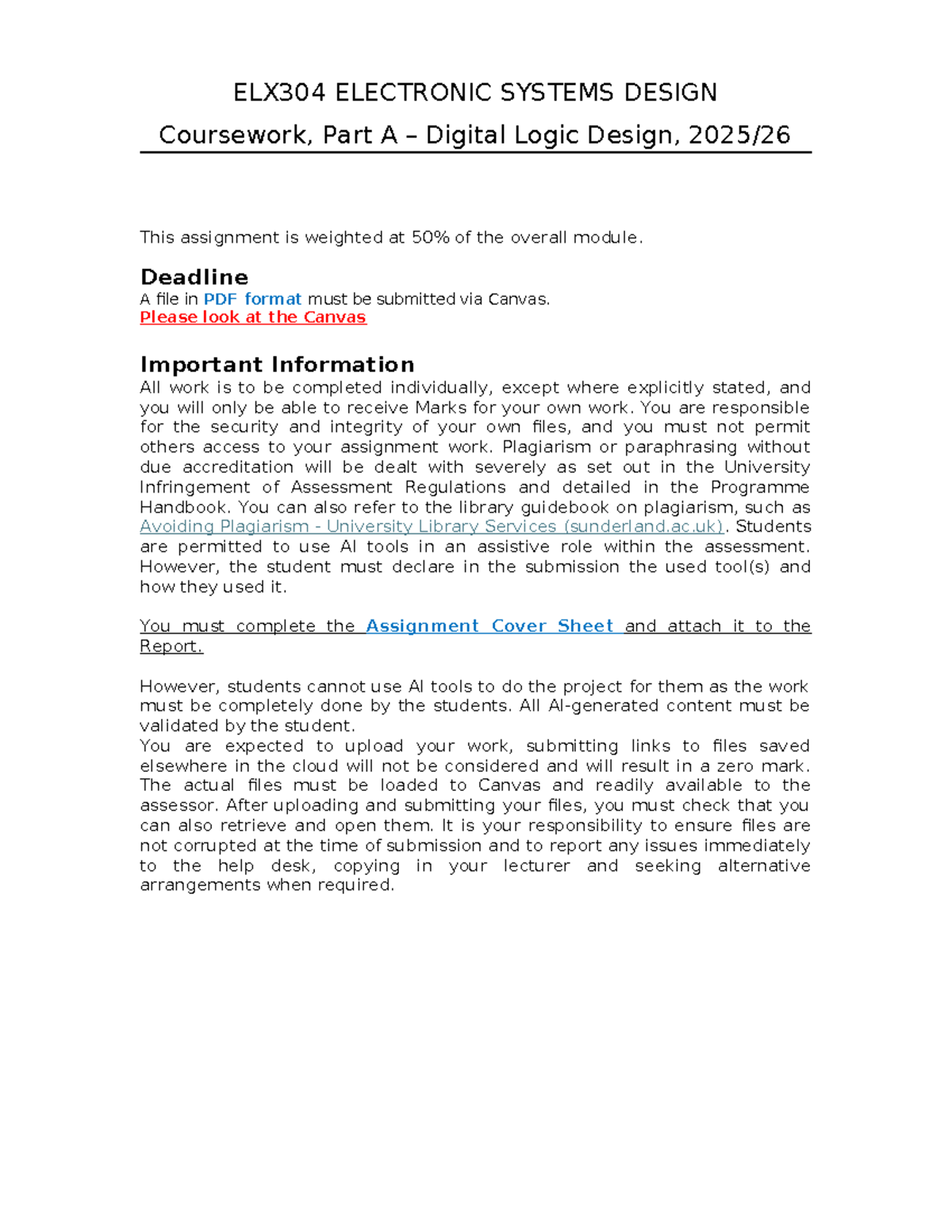 ELX304 Coursework: Digital Logic Design Assignment Guidelines - Studocu