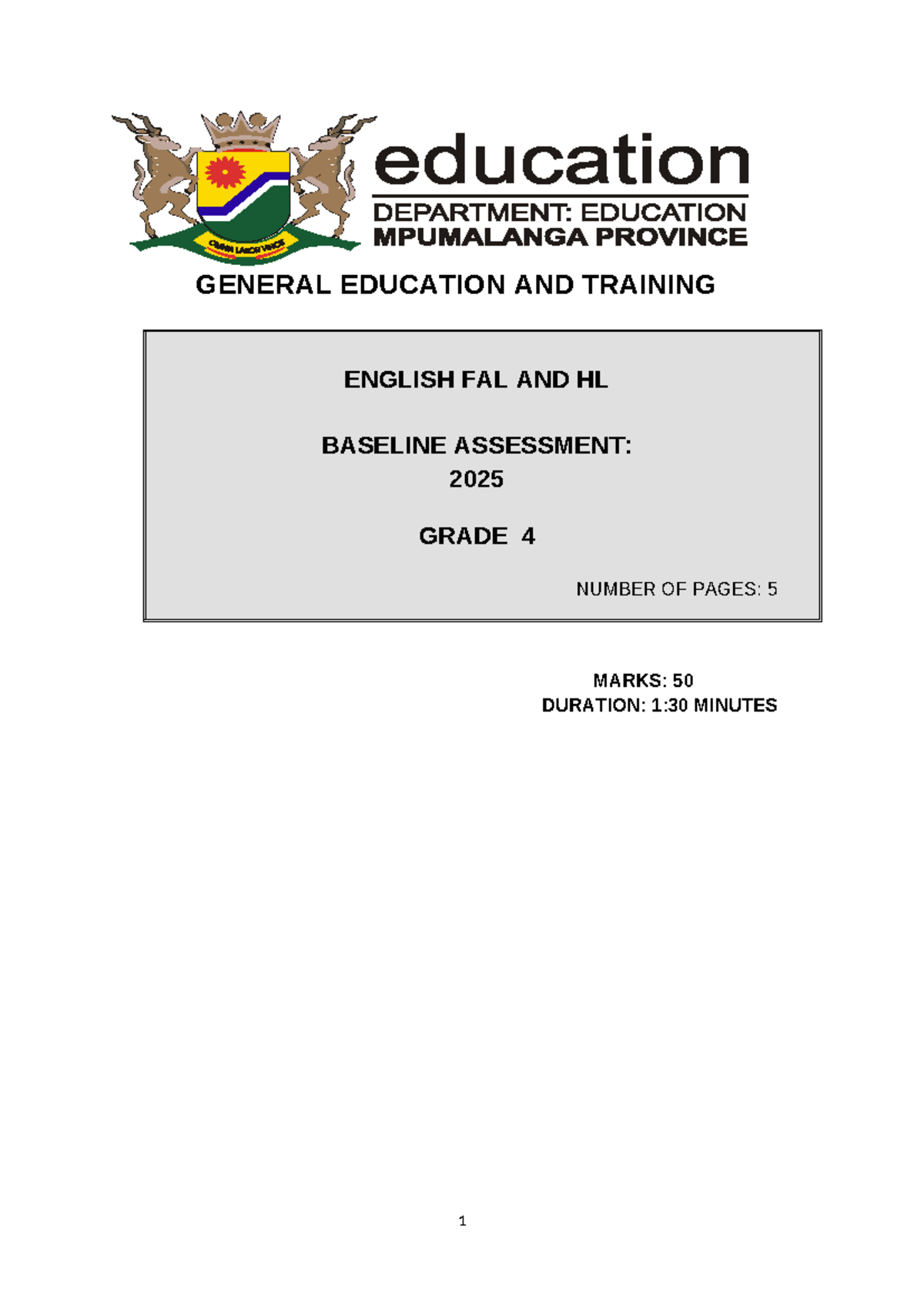 2025 Grade 4 English FAL & HL Baseline Assessment - Studocu