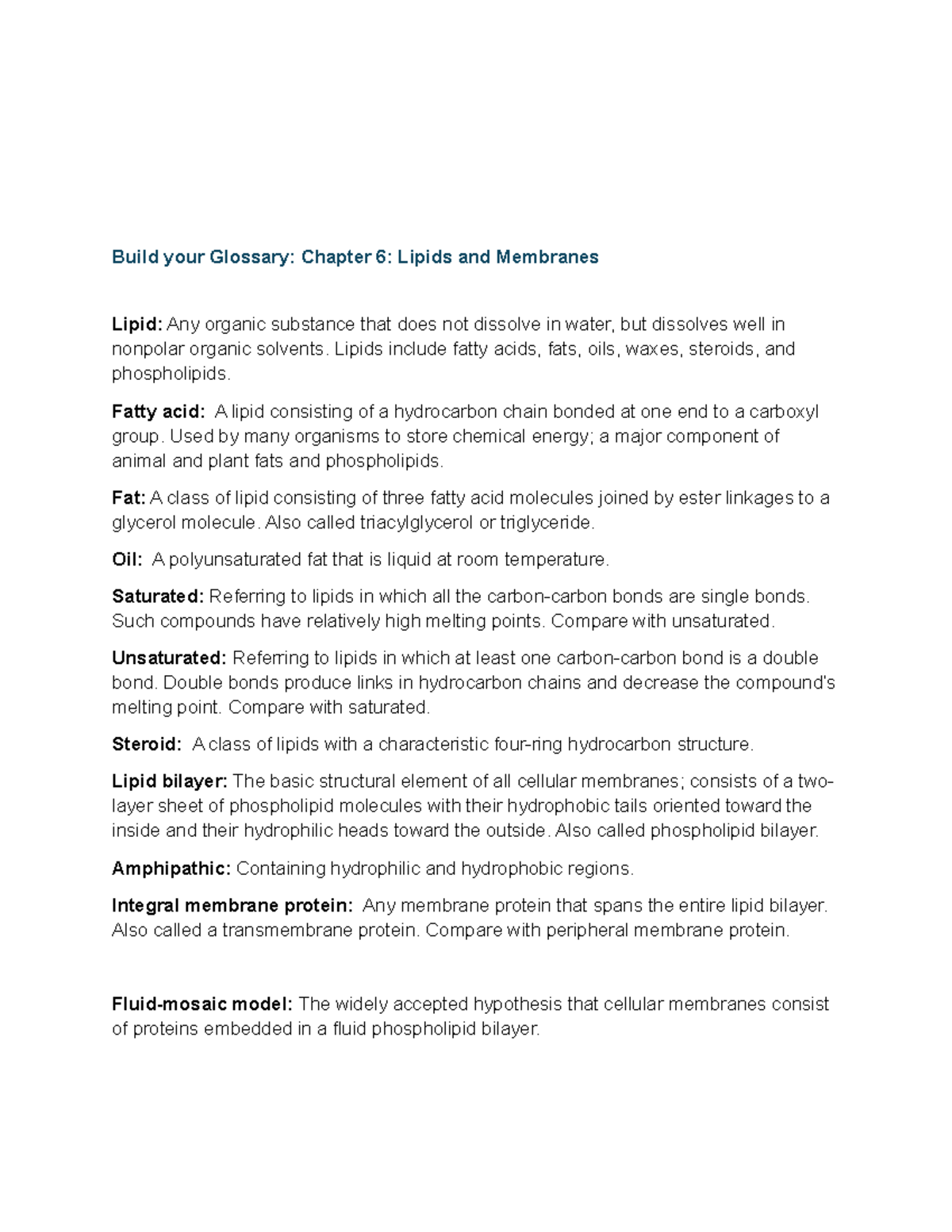 Glossary of Terms: CH6 - Lipids and Membranes - Studocu