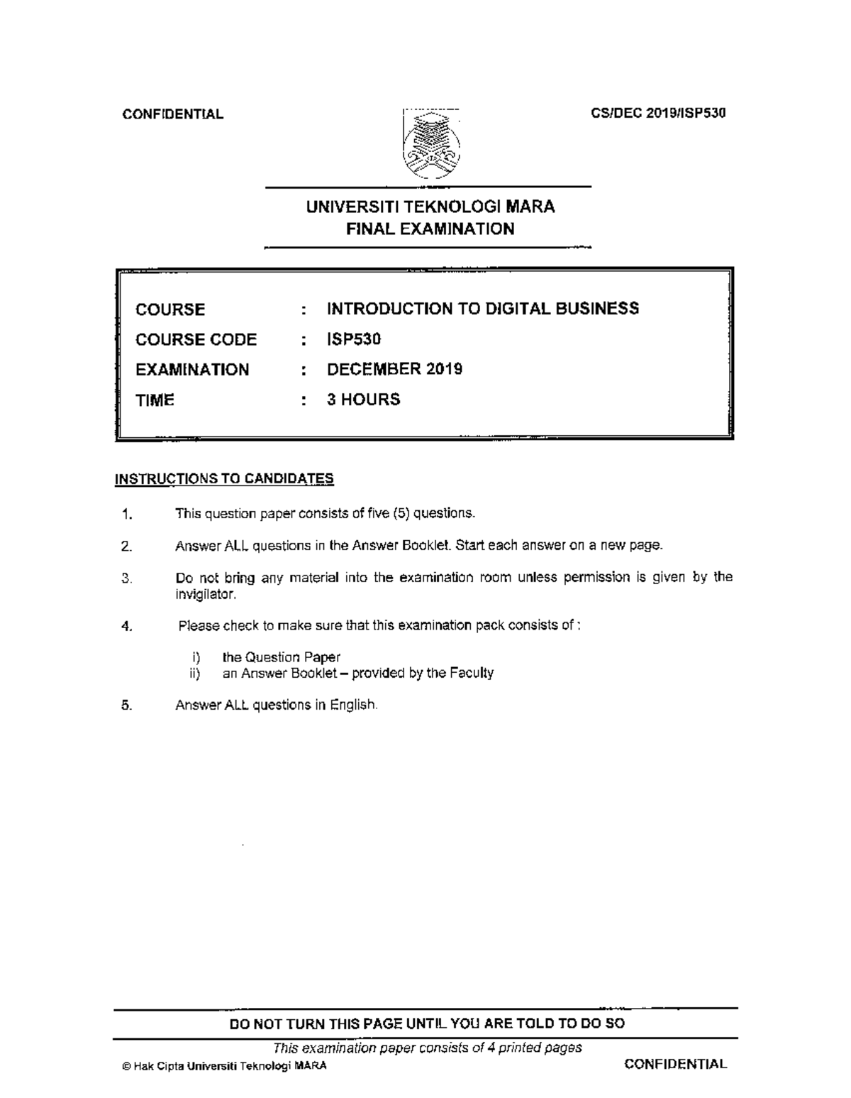 ISP530 Final Exam: Introduction to Digital Business - Dec 2019 - Studocu