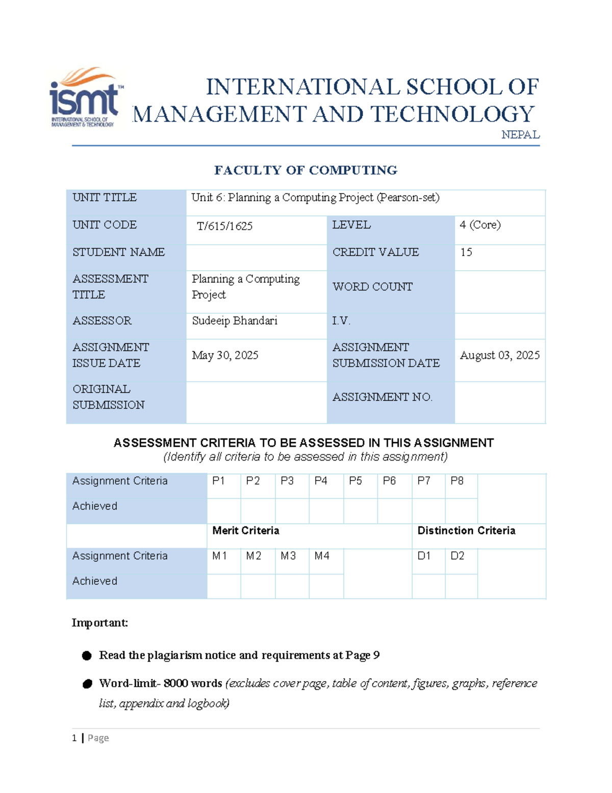 Unit 06 - L4 Planning a Computing Project - Assignment Overview - Studocu