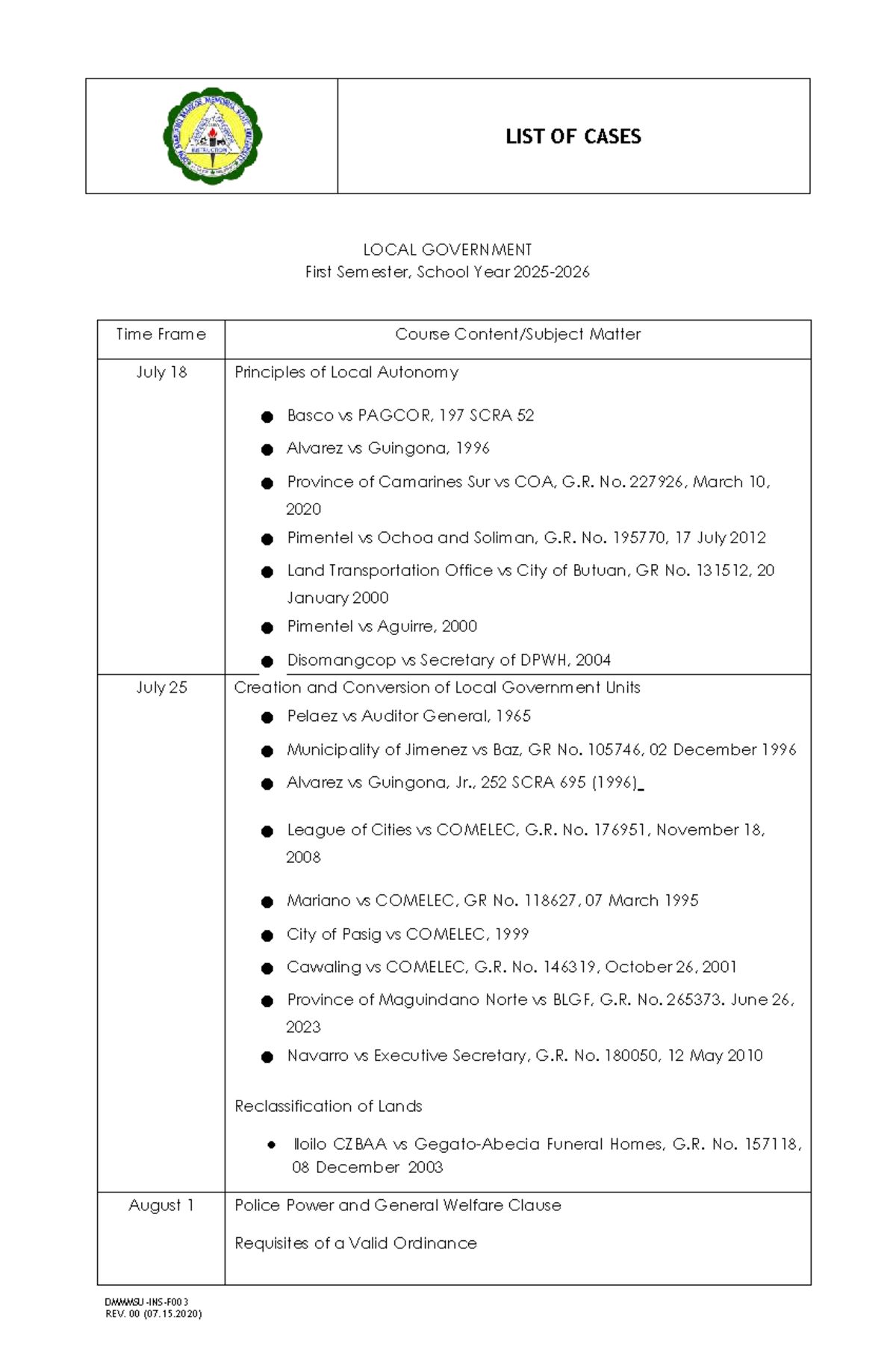 LIST OF CASES IN LOCAL GOVERNMENT (LOCGOV 2025) - Studocu