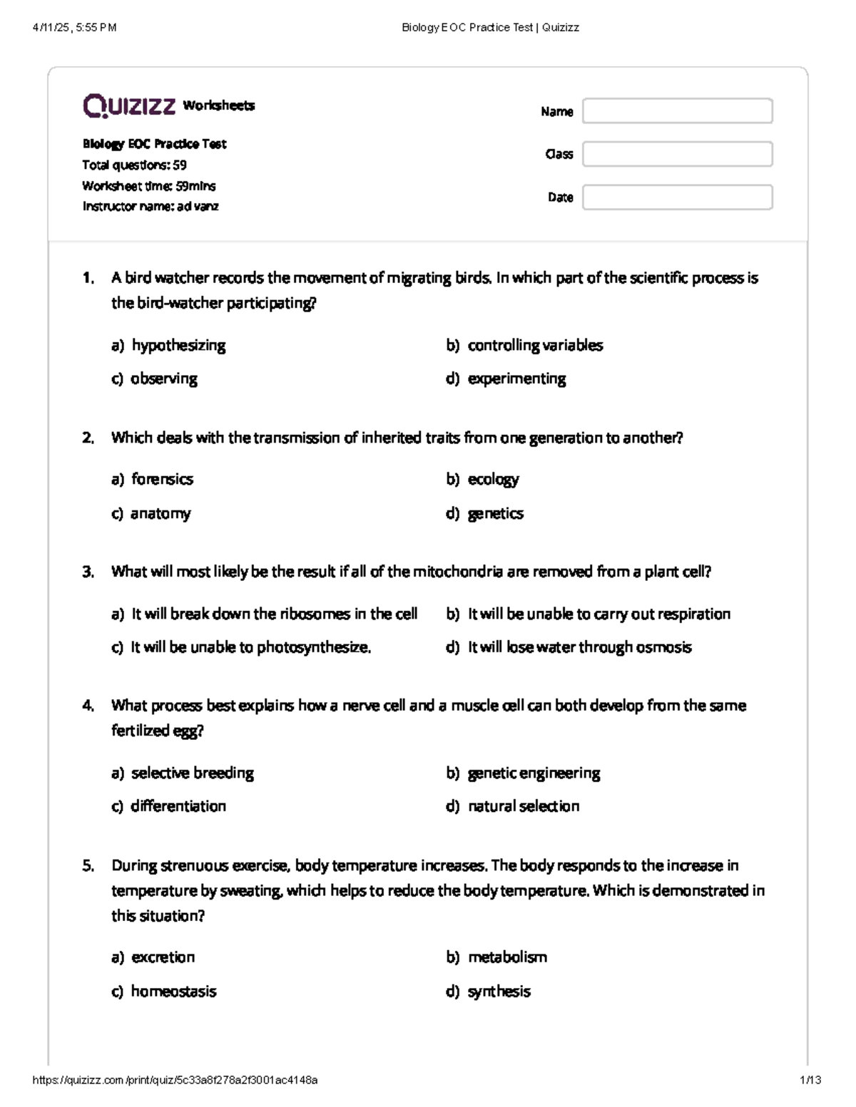 Biology EOC Practice Test: Comprehensive Questions & Answers Workbook ...