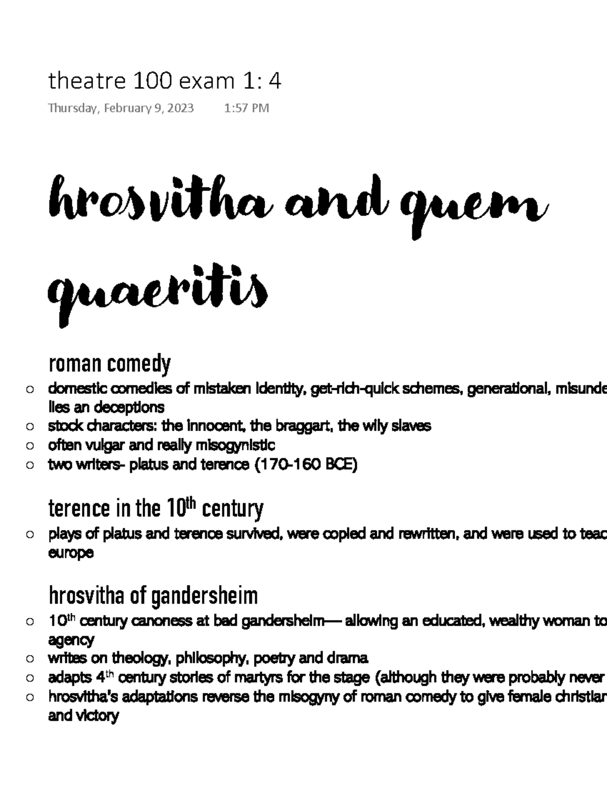 Theatre 100 Midterm Exam 1: Hrosvitha & Quem Quaeritis Analysis - Studocu