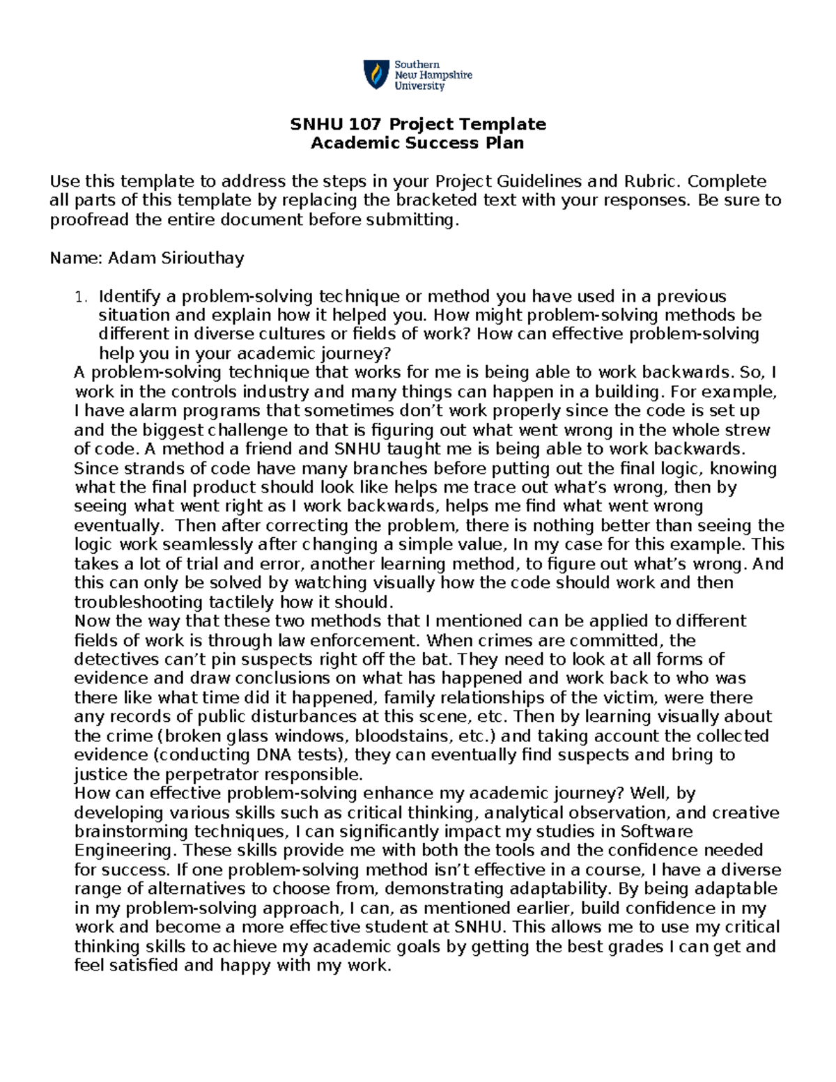 SNHU 107 Academic Success Plan Project Template - Studocu