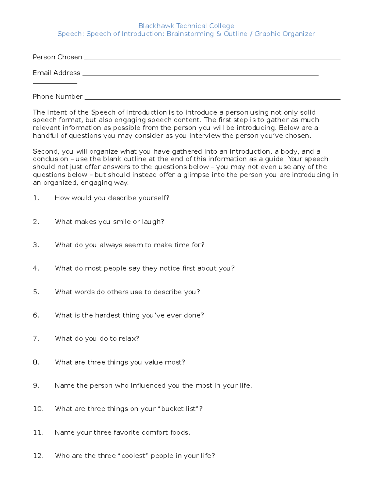 Introduction Speech Outline and Graphic Organizer - BTC - Studocu